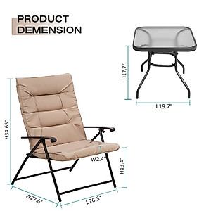 Omelaza 3 Pieces Patio Padded Folding Chair, Outdoor Adjustable Reclining Lounge Chairs with Tempered Glass Table (Beige)