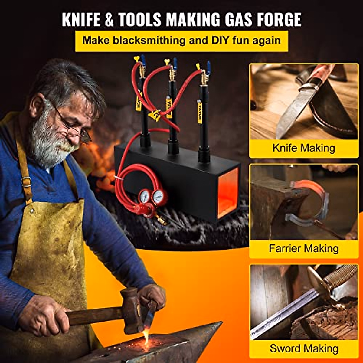 VEVOR Portable Propane Forge Three Burners and Open Structure, Propane Burner Forge Large Capacity, Square Metal Blacksmithing Forge for Knife and Tool Making Equipment