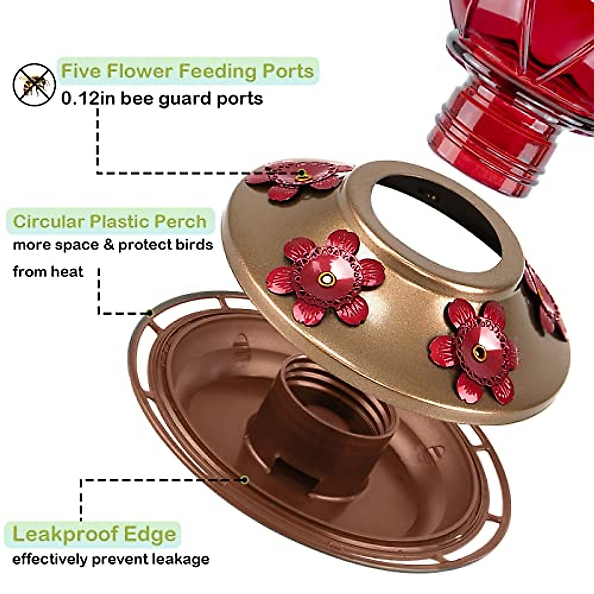 BOLITE 18016-R Hummingbird Feeder, Glass Hummingbird Feeder for Outdoors, Meshy Texture Ball Shape Bottle, 18 Ounces, Red, Xmas Gifts for Bird Lovers