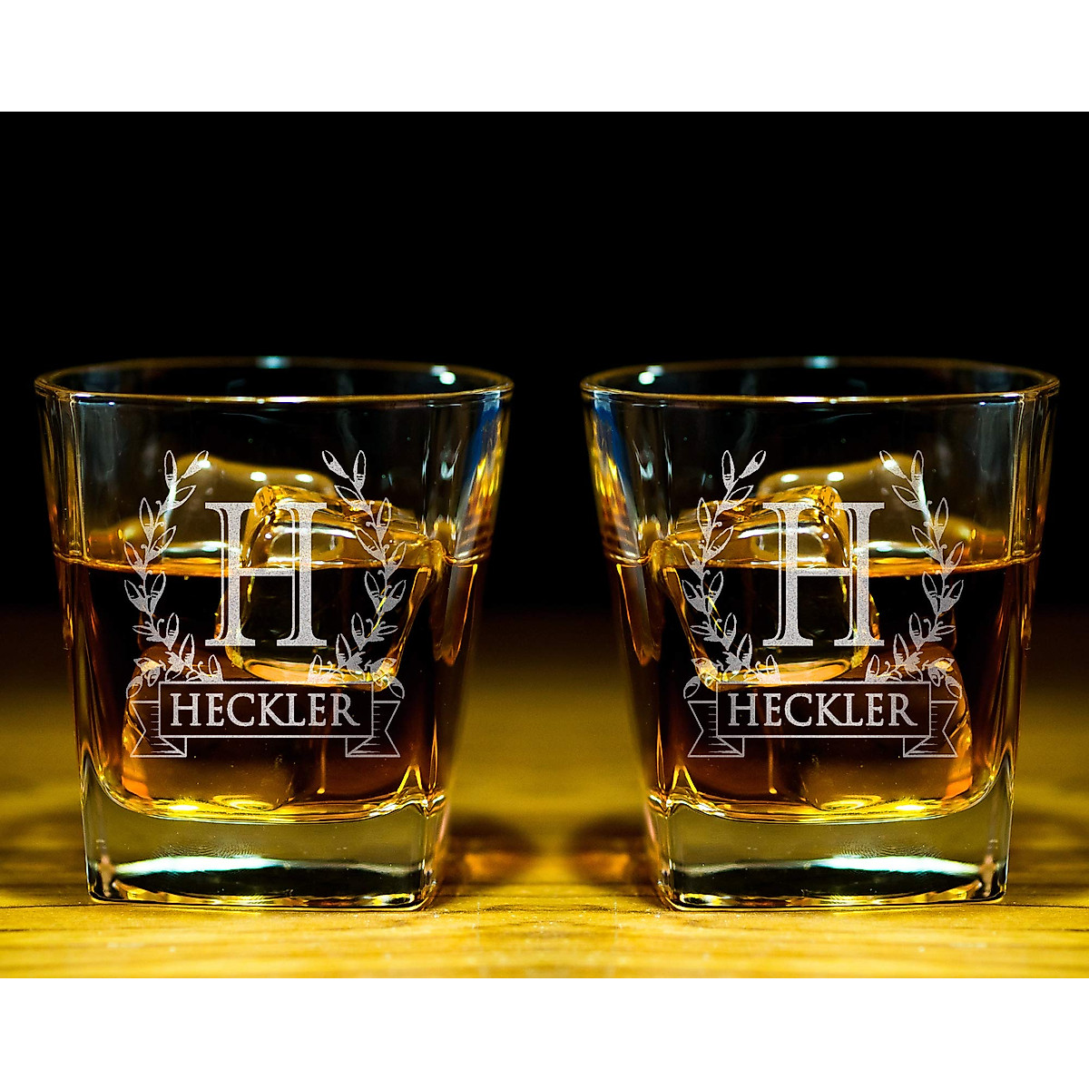 Custom Whiskey Monogram Wreathe Bourbon Rock Glasses Engraved Scotch Glass for Dad Birthday Fathers Day Gift Groomsmen Husband Wedding Gifts for Her