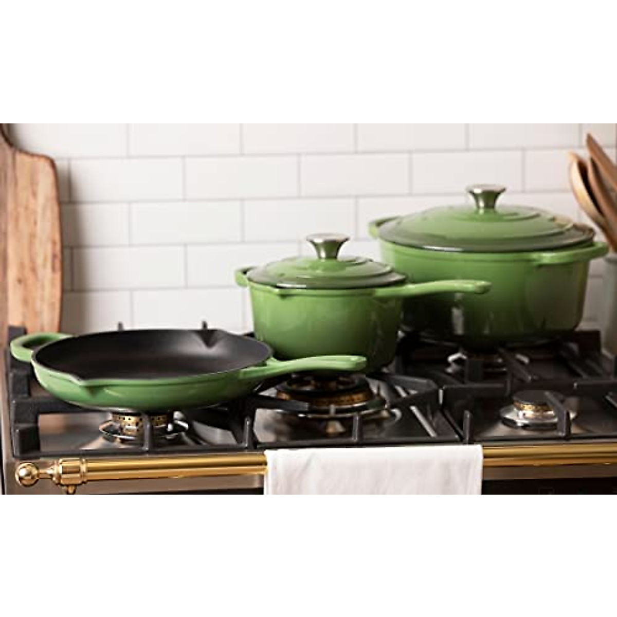 Larder & Vine 5 Piece Enameled Cast Iron Cookware Set, Oven Safe and Compatible with all Cooktops - includes 5.7 QT Dutch Oven and 2.2 QT Saucepan with lids and 10.25" Skillet (Okra)