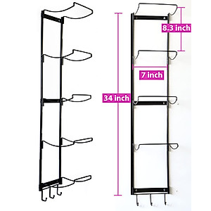 5-Tiers Yoga Mat Holder Wall Mount, Metal Storage Rack for Yoga Mat/Wheels, Foam Roller and Block, Wall Yoga Mat Rack with 3-Hooks for Hanging Stretching Strap, Resistance Bands, Yoga Accessories