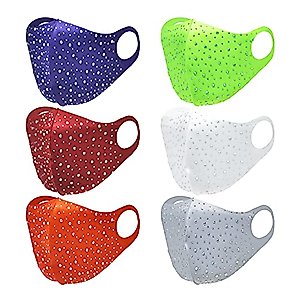 UOUDIO Rhinestone Crystal Face Mask， Masquerade Fashion Bling Mask for Women，Reusable (Red orange grey white purple green)