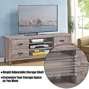 Tangkula Farmhouse TV Stand, Retro Wood Universal Stand for TV's up to 65" Flat Screen, 4 Drawers & 3 Open Shelves with 7 Adjustable Heights, 6 Legs Sturdy Structure, Rustic TV Console Table, Grey