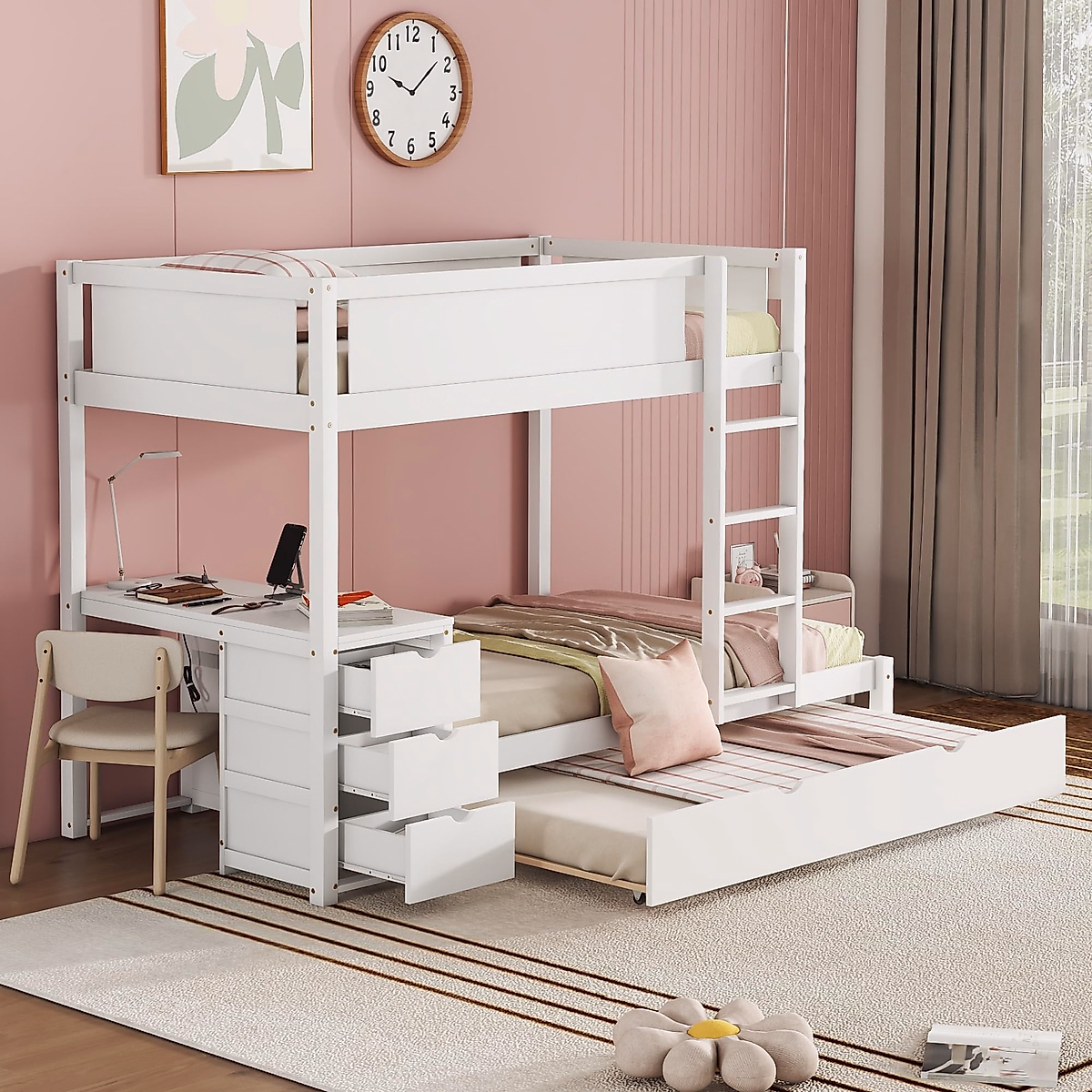 Harper & Bright Designs Twin Over Twin Bunk Beds with Desk, Storage Drawers and Trundle, Wooden Bunk Bed Frame with Charging Station for Kids Teens, Girls Boys, White