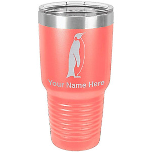 LaserGram 30oz Vacuum Insulated Tumbler Mug, Penguin, Personalized Engraving Included (Coral)