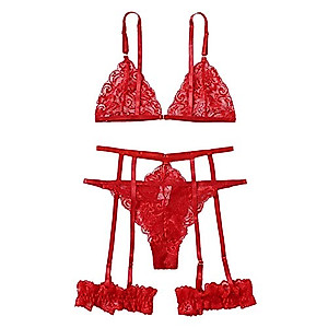 WDIRARA Women's 3 Pieces Mesh Floral Lace Scalloped Trim Garter Lingerie Set Red S