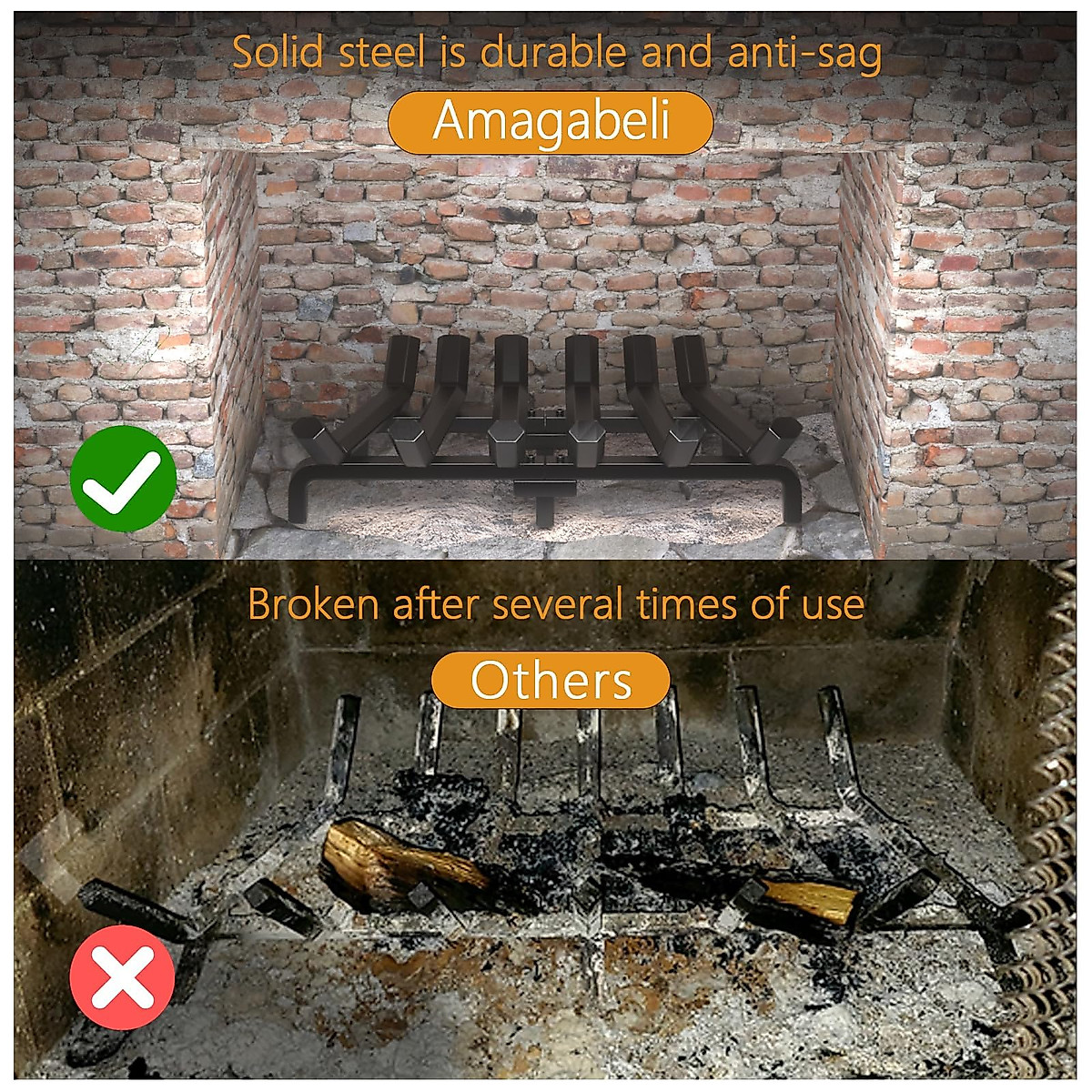 AMAGABELI GARDEN & HOME Fireplace Log Grate 24 Inch Wide Heavy Duty Solid Steel Indoor Chimney Hearth 3/4 Bar for Outdoor Kindling Tools Pit Wrought Iron Wood Stove Firewood Burning Rack Holder