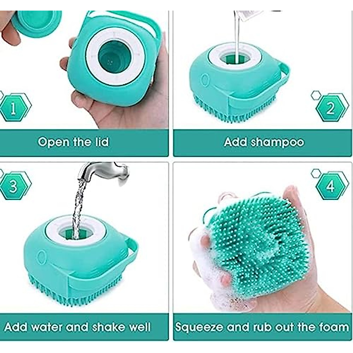 Bath brush for dogs or cats, with a shampoo dispenser tank, made of silicone, with soft bristles that provide a pleasant massage with deep cleaning for your pet