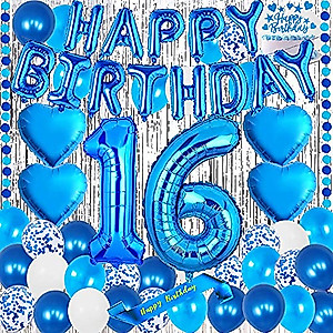 yujiaonly 16TH Birthday Party Decorations Blue Happy Birthday Foil Balloons Blue Number 16 Happy birthday Sash Cake Topper Latex and Confetti Balloons Blue original garland Banner Number 16 Blue