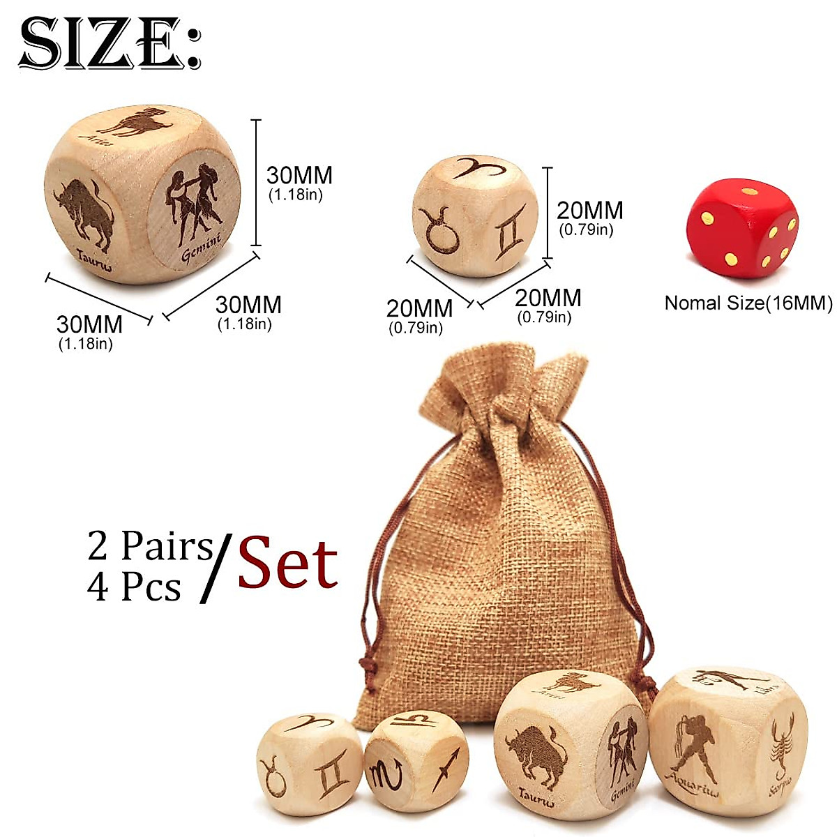 Hometu 2 Pairs/Set Zodiac Constellation Dice Set - 2Pcs 20MM + 2Pcs 30MM Engraved Wooden Astrological Dices for Divination Accessory (V1(20MM)+V1(30MM)), Wood