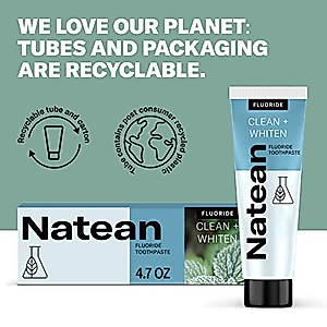 Natean Clean + Whiten Fluoride Whitening Toothpaste, Clean Mint - 4.7 Oz Tube