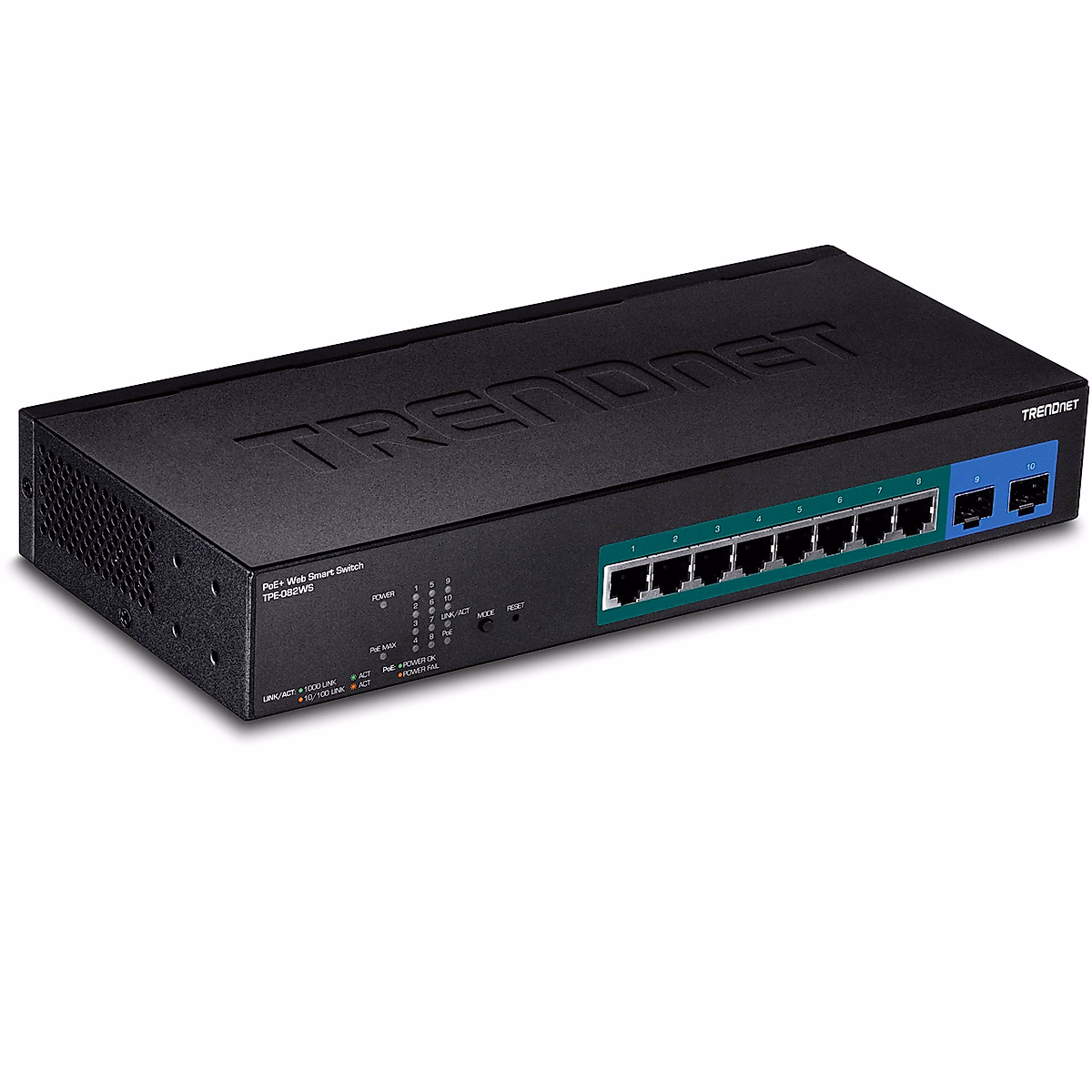 TRENDnet 10-Port Gigabit Web Smart PoE+ Switch, 8 x Gigabit PoE+ Ports, 2 x SFP Slots, Vlan, QoS, IPv6 Support, 20Gbps Switching Capacity, 75W PoE Power Budget, Lifetime Protection, Black, TPE-082WS