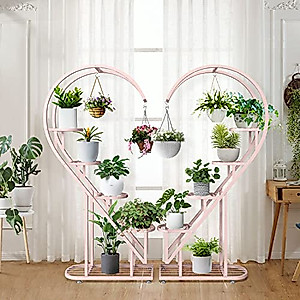 coutinfly Heart Shaped Plant Stands Outdoor, Pink Large Metal Plant Stand Indoor with Rack, 10 Tiered Tall Flower Stand Plant Shelves for Patio Lawn Garden Balcony Corner Plant Display(2 Pack)