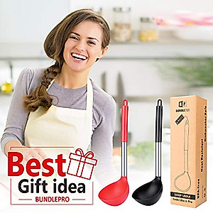 Pack of 2 Ladle Spoon,Silicone Large Spoon for Soup,Non Stick Kitchen Utensils with High Heat Resistant,BPA Free Perfect Kitchen Tools for Cooking, Stirring,Serving Soups (Black-Red)