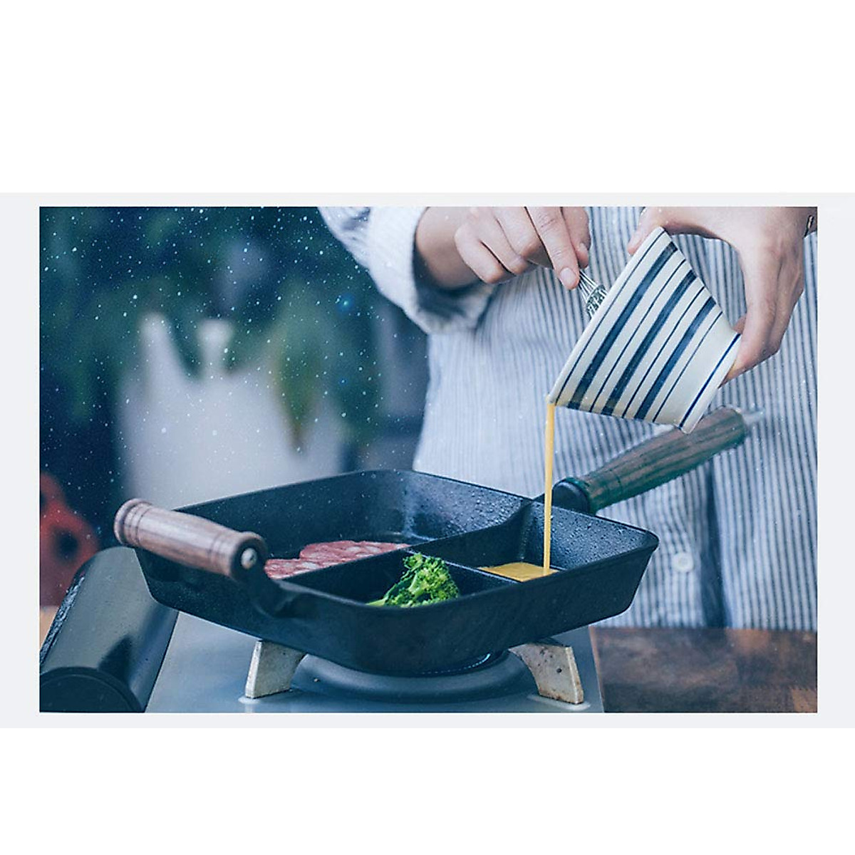 CapriTech Cast Iron Grill Pan 3 Section Breakfast Skillet Frying Pan with 2 Assist Handle for Gas Stove & Induction Cooker