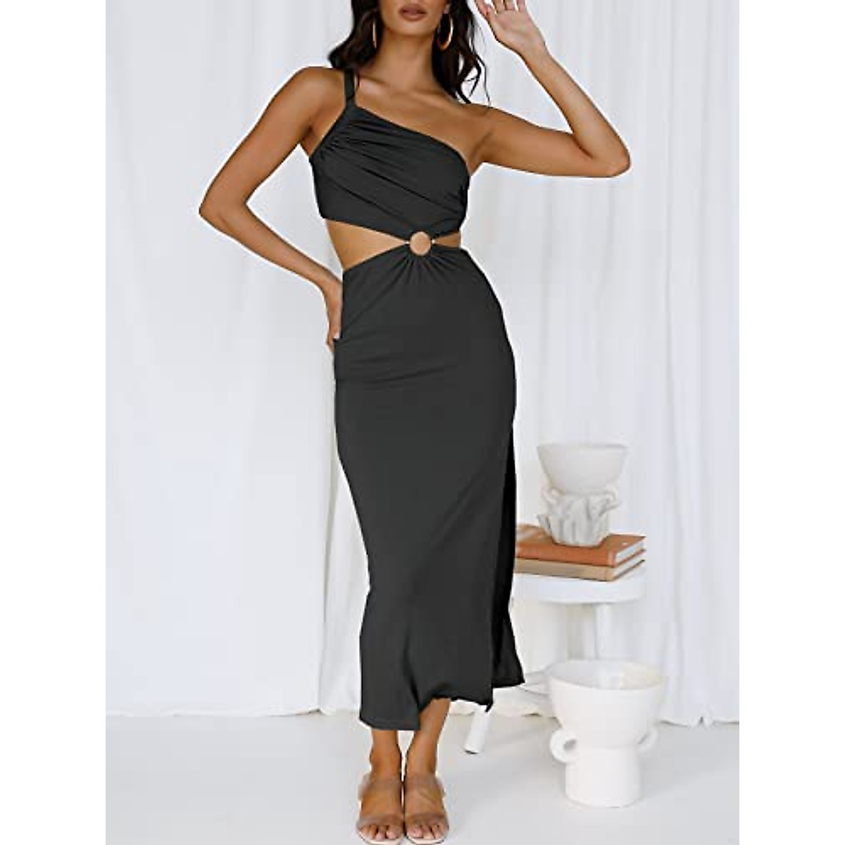 ANRABESS Women’s Summer Sexy Bodycon Maxi Gradution Dress 2023 Prom Dresses One Shoulder Sleeveless Sexy Cut Out Formal Cocktail Party Dress 765heise-L Black