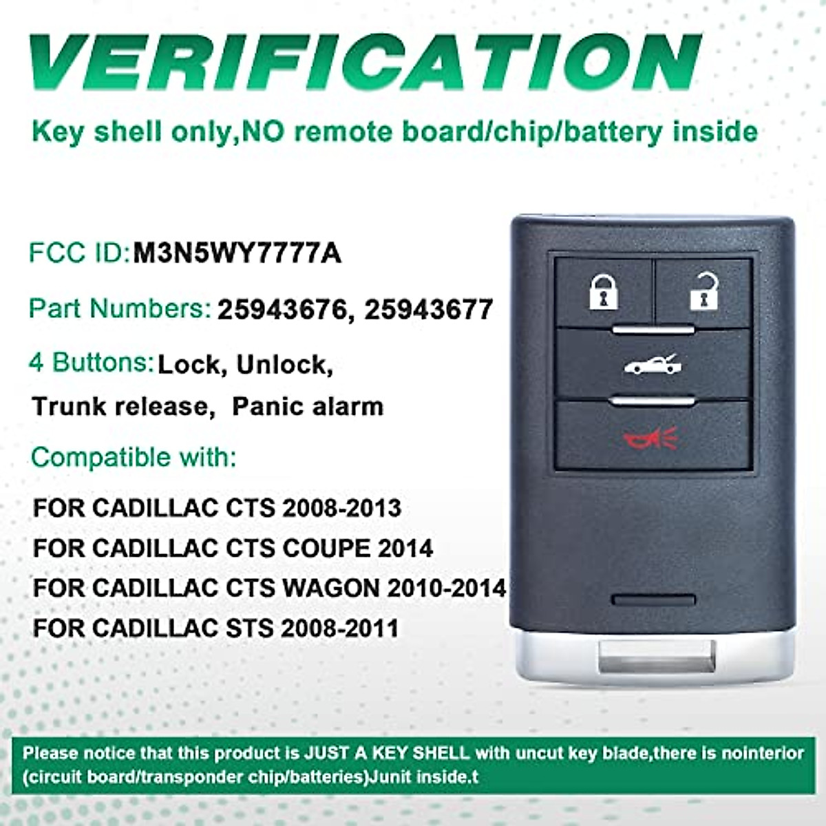 Beefunny Replacement 4 Button Smart Remote Car Key Shell Case Fob for Cadillac XLR, for Chevrolet Corvette M3N5WY7777A (ONLY A KEY SHELL)