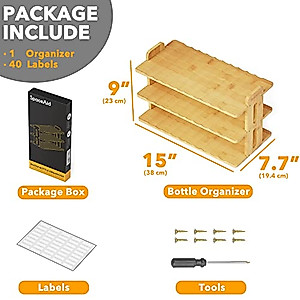 SpaceAid Bamboo Water Bottle Organizer with Labels, Kitchen Pantry Water Bottle Storage Rack for Cabinets, Home Cup and Wine Bottle Holder Shelf Organizers, (3-Tier, Hold 12 Bottles)