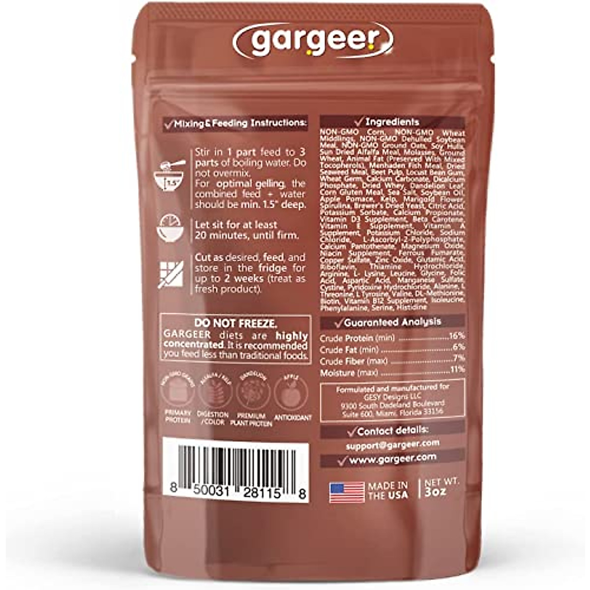Gargeer Bugs and Insects Food. Complete Gel Diet for Roaches, Crickets, Worms, Dubia, Fly, etc. Made in The USA, Using Premium Nutritional Ingredients. 3oz Powder Turns into 1 Pound of Ready Food.