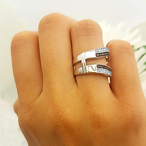 Dazzlingrock Collection 0.55 Carat (Cttw) 10K Round Black & White Diamond Women Double Row Anniversary Millgrain Guard Double Ring 1/2 CT, White Gold, Size 5