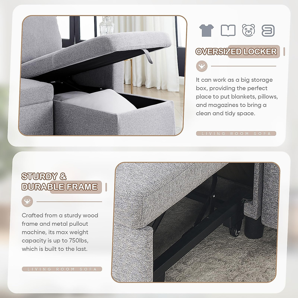 Antetek Reversible Sectional Sofa Couch with Pull-Out Bed, Modern Linen L-Shaped Sleeper Sofa Bed with Storage Chaise/Cup Holder/Side Pocket, Furniture Set for Living Room, Small Space, Light Grey