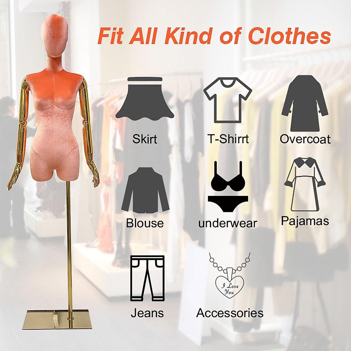 JELIMATE Female Mannequin Torso with Stand Velvet Fabric Display Retail Mannequins Dress Form Model for Boutique Display Manikin with Golden Arms