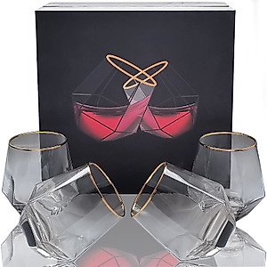 Diamond Whiskey Glasses, 4 PCS Rocks Glasses Gold Banded Cocktail Drinkware for Rum, Scotch or Wine Glasses, Tumblers Old Fashion Elegant Glass Unique Christmas New year Father's Day Gifts (Gray)