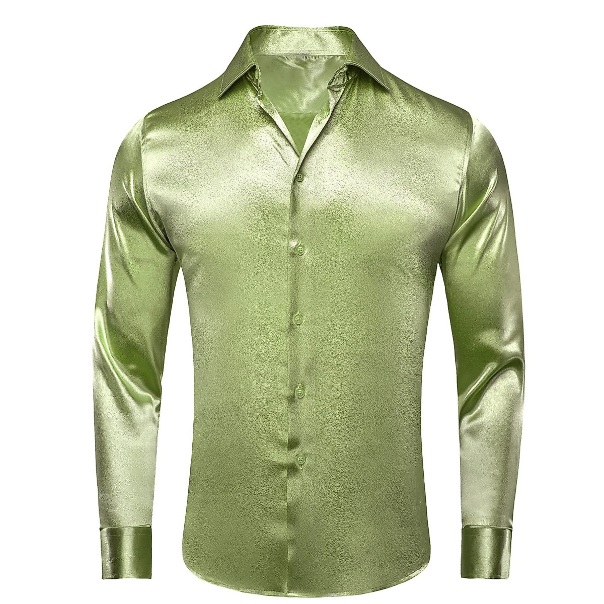 Hi-Tie Long Sleeve Sage Green Dress Shirt for Men Regular Fit Satin Silk Like Prom Wedding Button Down Shirts for Party Beach