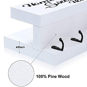 Wooden Key and Mail Holder for Wall Decorative, Rustic Wall Mounted Entryway Organizer with 5 Hooks - Perfect Home Hanging Decor for Office, 100% Pine Wood, 11.8" x 5.9" (White, HomeSweetHome)