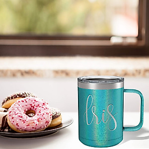 Personalized Coffee Mug Seafoam Glitter 15 oz with Lid and Handle Custom Engraved Gift Stainless Steel Vacuum Insulated Cup
