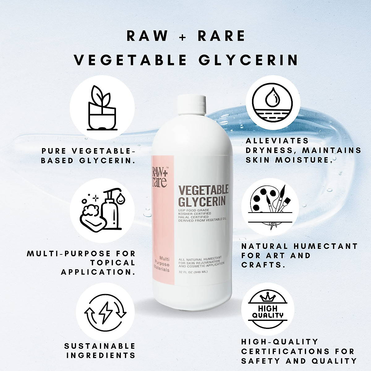 Vegetable Glycerin/Glycerine Quart (32 fl. oz.), Natural Pure USP Food Grade/Cosmetic Grade, For Skin, Hair, Crafts, Soap Base Oil - Kosher, Halal and Pharmaceutical for by Raw Plus Rare