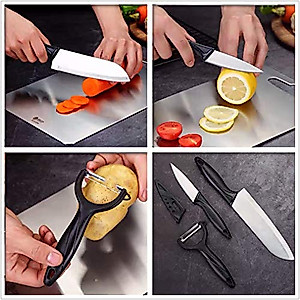 WOLFLAND 3 Pieces Kitchen Knife Set 3.5” Paring knife 7” Santoku Knife w/Protective Covers and Peeler Stainless Steel blade and Ergonomic Black Handle
