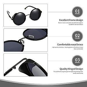 Dollger Steampunk Vintage Retro Round Sunglasses Metal Circle Frame (Black Lens+Gold Frame,100% UV Protection Lens)