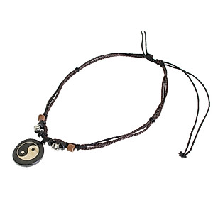 Surfer Cord Necklace With Ying Yang Carved Bone Pendant - Fully Adjustable - Black & Brown Cord