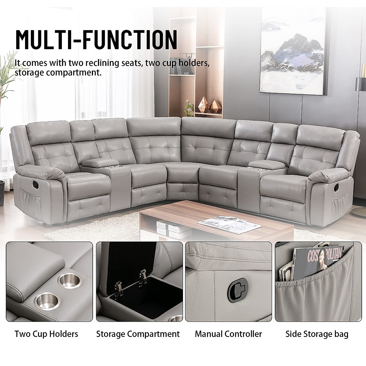 Nathaniel Home PU Leather Sectional Sofa Set with 2 Consoles Fashion Living Room Recliner Chair with Storage Box, L-Shaped Corner Couch with Cup Holders, Foggy Grey
