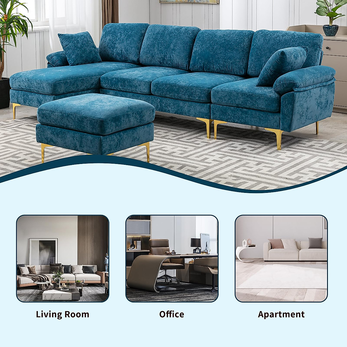 Sudwesto Modular Sectional Sofa, U Shape Chenille Upholstered Sofa Couch with Ottoman, 4 Seat Reversible Couch with Chaise Lounges, Convertible Sofa Set for Living Room (Teal Blue)