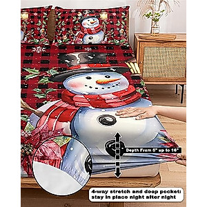 Full Size Fitted Sheet Bed Set Christmas Snowman Poinsettia Floral Deep Pocket Soft Bottom Sheets&Pillowcases for Bedroom Decor Black and Red Buffalo Plaid,Fits Mattress Up to 16" Deep