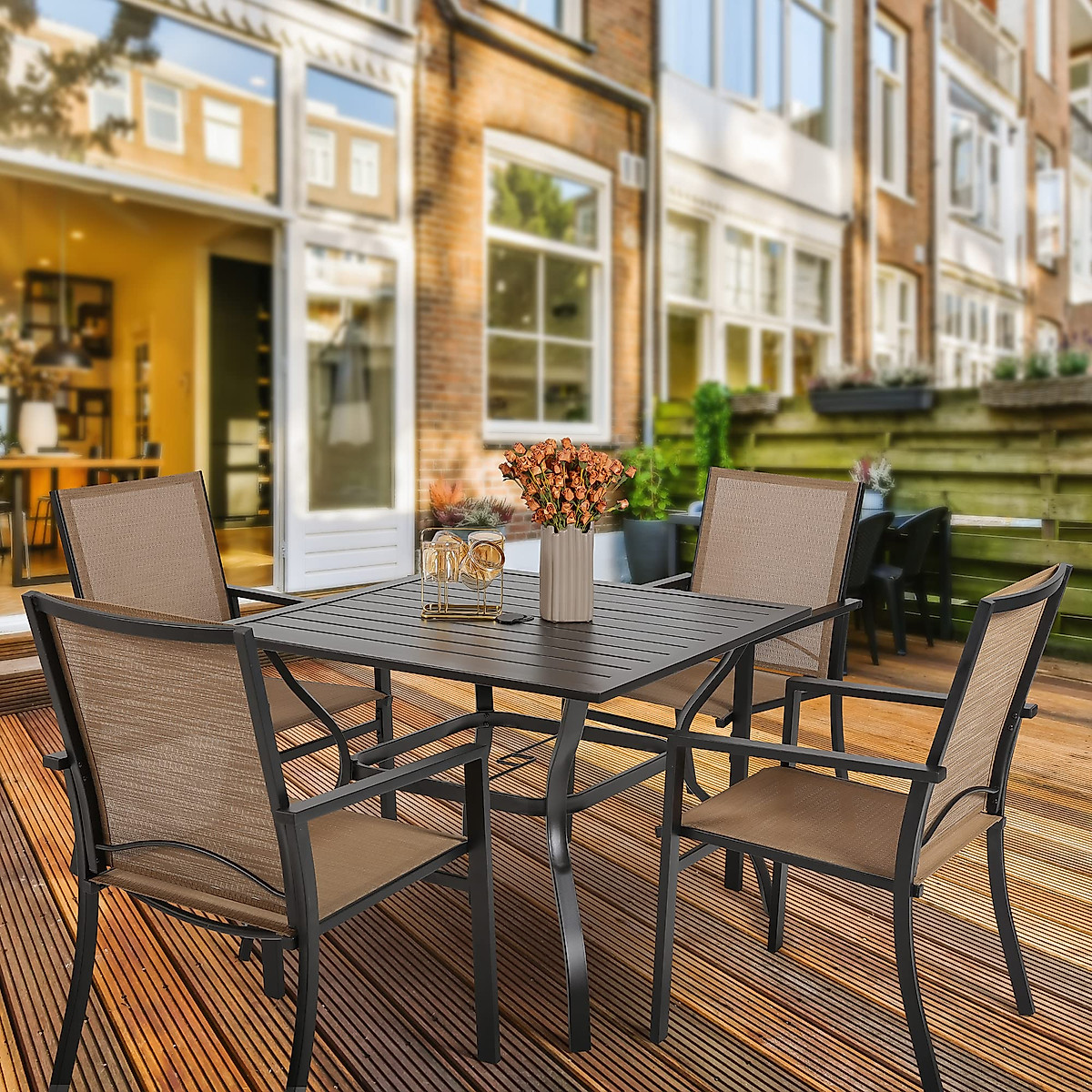 Anmutig Patio Dining Chairs Set of 2 with Textilene mesh Fabric, Outdoor Space Saving Lawn Chairs for Porch Garden Backyard Poolside Sling Chairs,Brown & Black