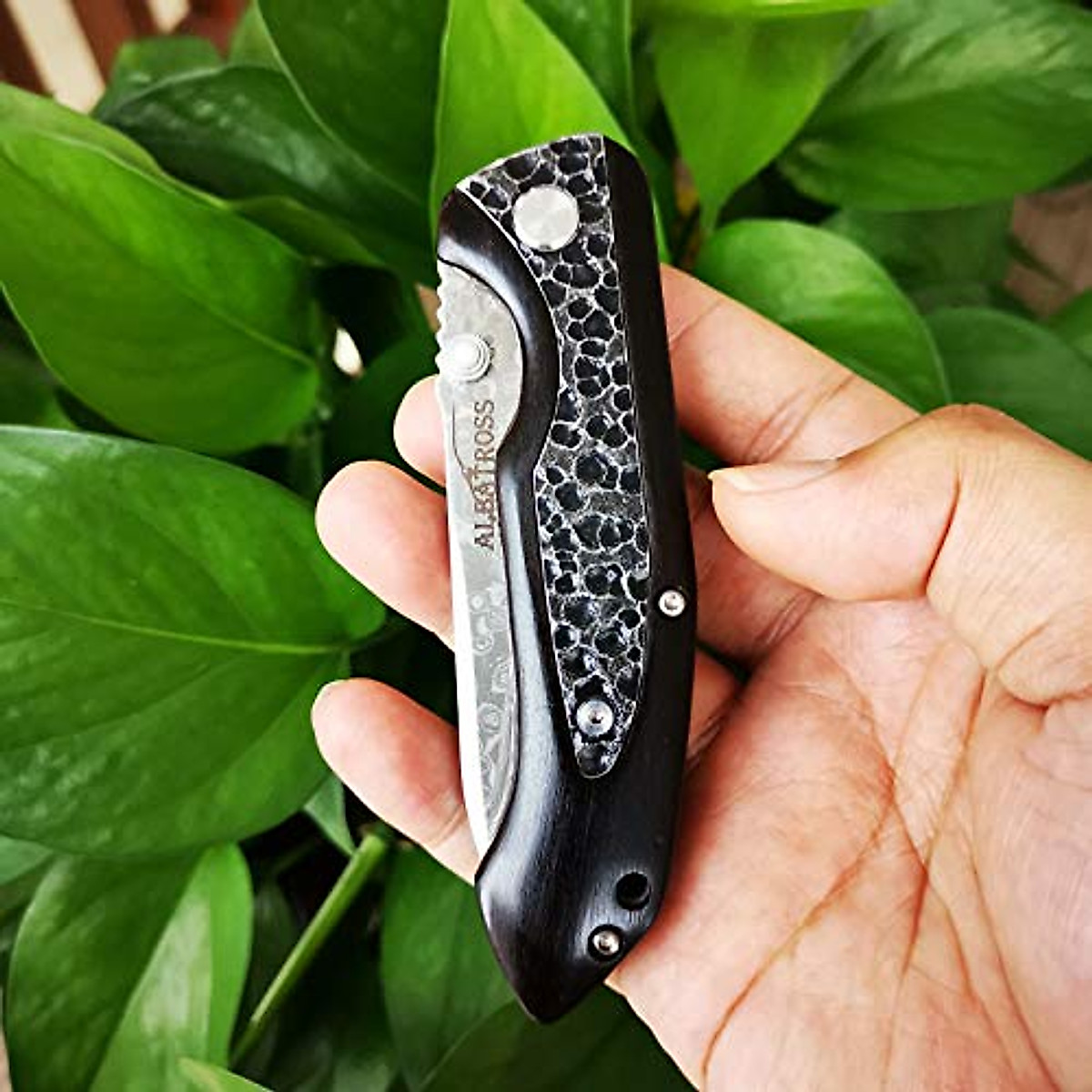 ALBATROSS Ebony wood 7.5" EDC Sharp Damascus Folding Pocket Knife with Liner Lock - Gift Box - HGDK011