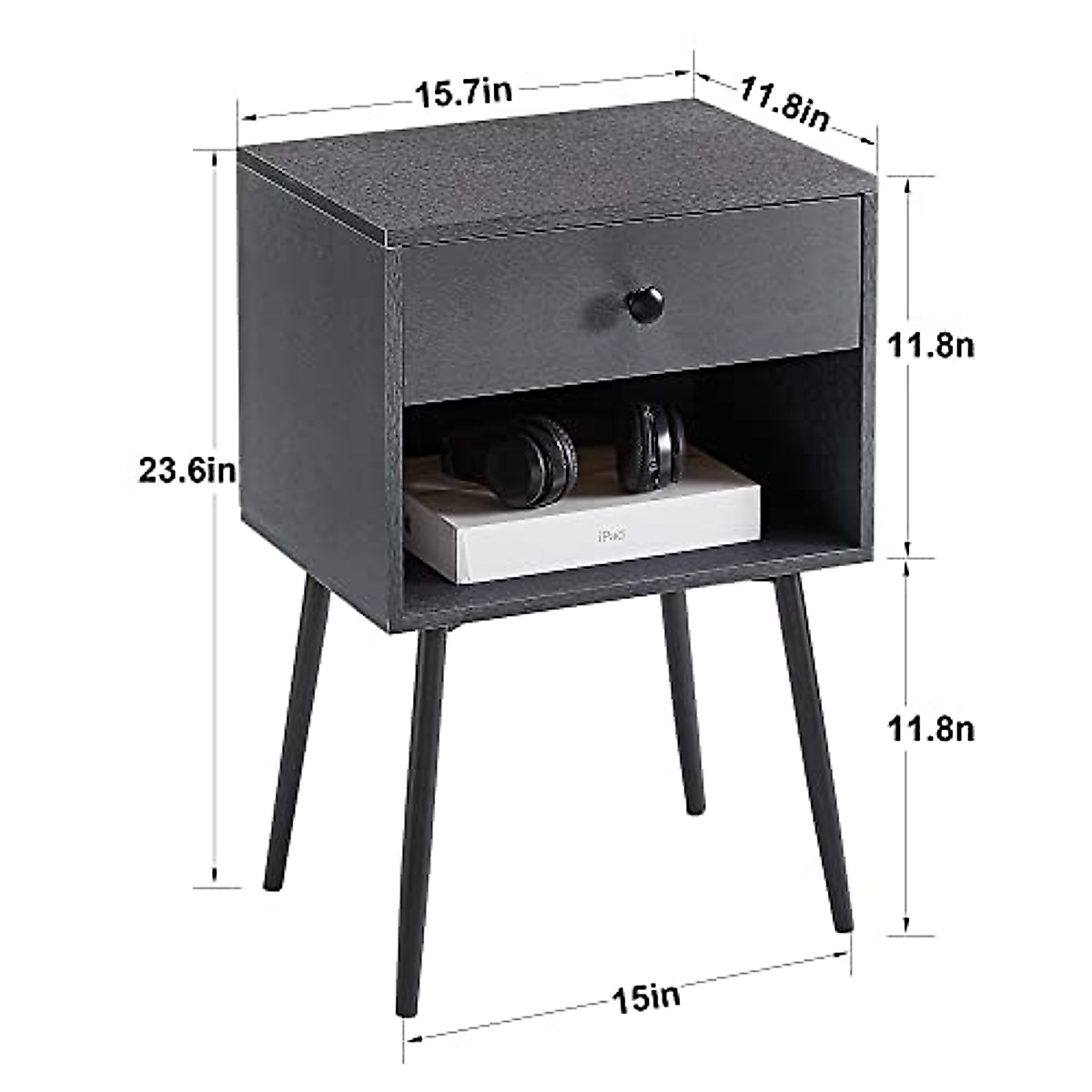 VECELO Nightstands Set of 2 Industrial 2-Tier Night Stand/Side Table with Drawer, Wood Mid Century End Tables for Small Places, Bedrooms, Living Room, Home, Farmhouse,Gray