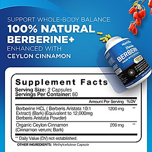 Nutrivein Premium Berberine HCL 1200mg Plus Organic Ceylon Cinnamon - 120 Capsules - Supports Immune System, Weight Management - Berberine HCI Supplement