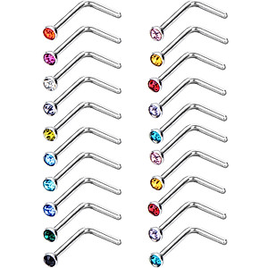 Mudder 20 Pcs Curved Nose Studs Stainless Steel Nose Ring Colorful L Shaped Crystals l Bend Nose Screw Piercing Jewelry,20 Gauge