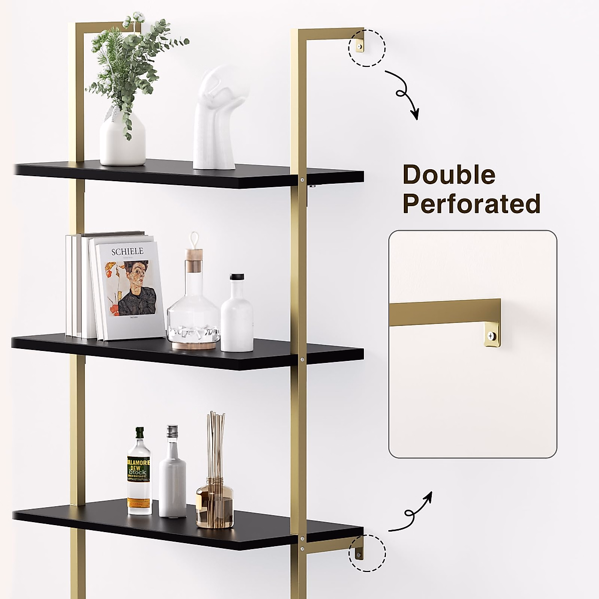 Ladder Bookshelf with Cabinet, 71" Tall Wall Mounted Bookcase with Shelves & Storage, Fluted Ladder Shelf with Metal Frame, 5-Tier Display Rack for Living Room, Home & Office, Bedroom, Black & Gold