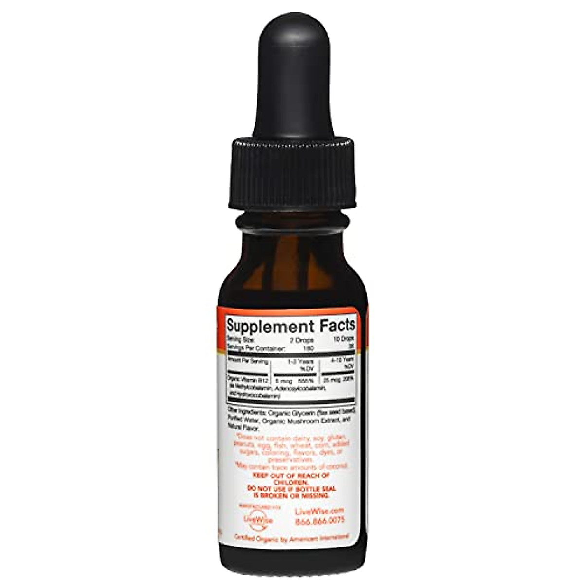 Vitamin B12 for Kids | USDA Organic Vitamin B12 Liquid Drops | B12 Vitamin Supplement for Toddlers and Children | Vegan | Non-GMO | Gluten Free | Low Dose