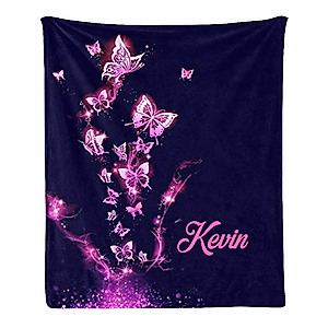 CUXWEOT Custom Blanket Personalized Purple Print Bling Butterfly Soft Fleece Throw Blanket with Name for Gifts Sofa Bed (50 X 60 inches)