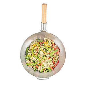 Restaurantware-Motomori 13.38 Inch Hand-Hammered Carbon Steel Wok, 10 Traditional Japanese Wok - Flat Bottom, Wooden Handle, Black Carbon Steel Traditional Stir Fry Pan, With Helper Handle