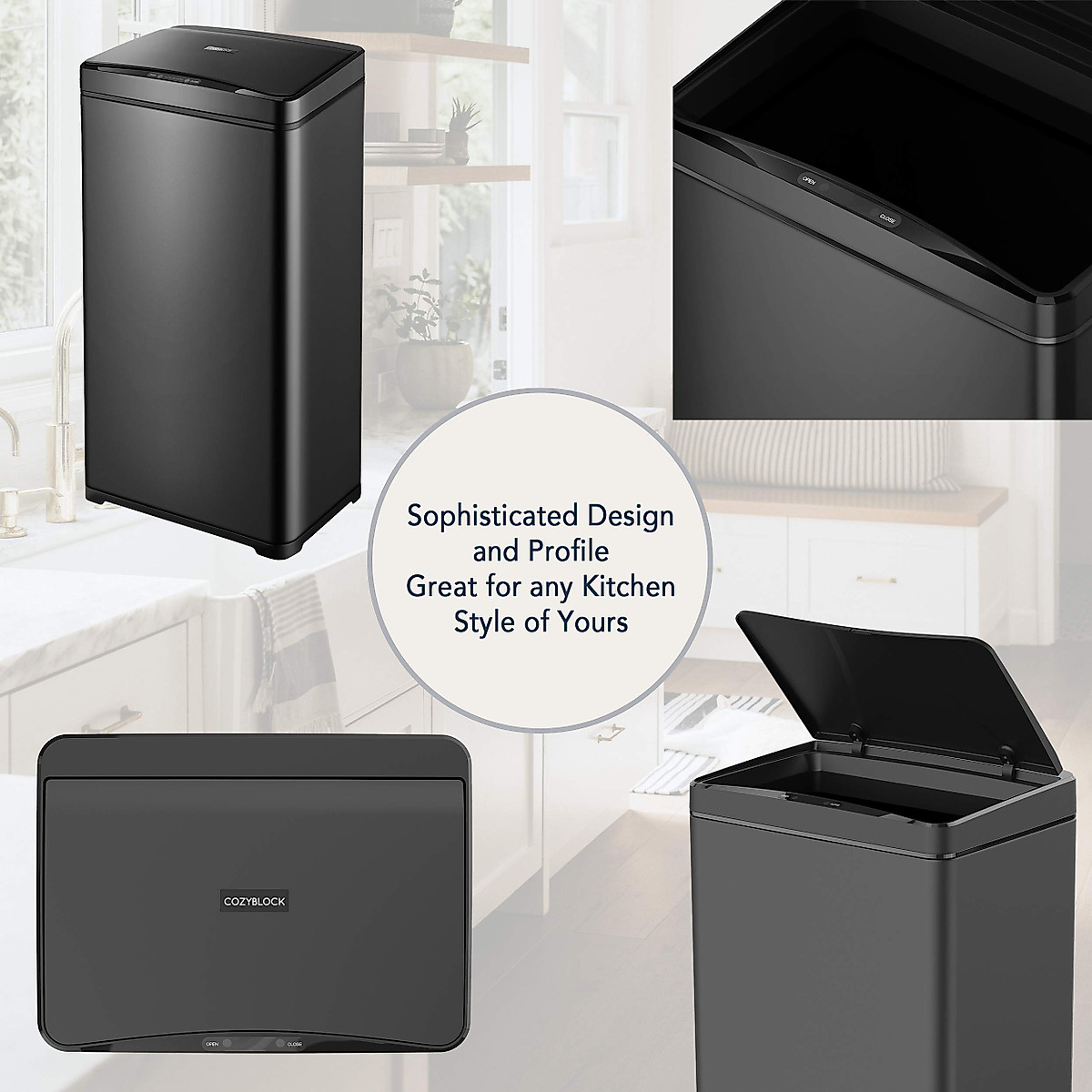 CozyBlock Automatic Trash Can for Kitchen, Black Steel Touchless Motion Sensor Bin, Wide Opening Soft Close Lid, LED Countdown Timer (13 Gallon)