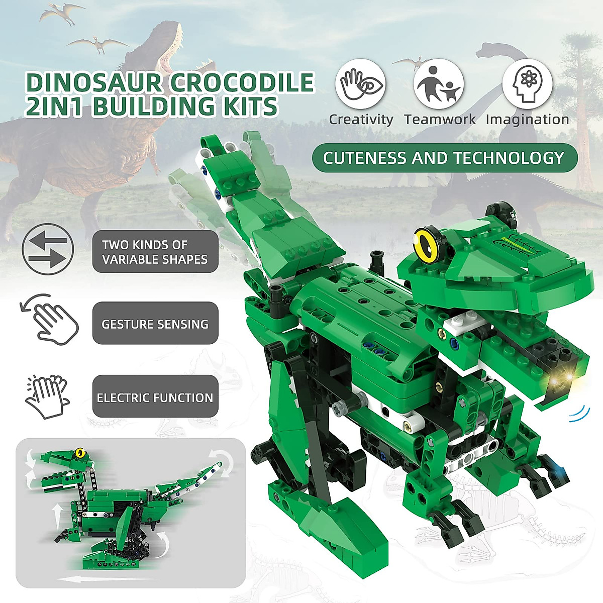 QLT Dinosaur Building Toy, Compatible with Lego, Moved by Gesture or Voice Control, STEM Building Kit Best Gift for Jurassic Lovers Age 8 9 10 11 12+