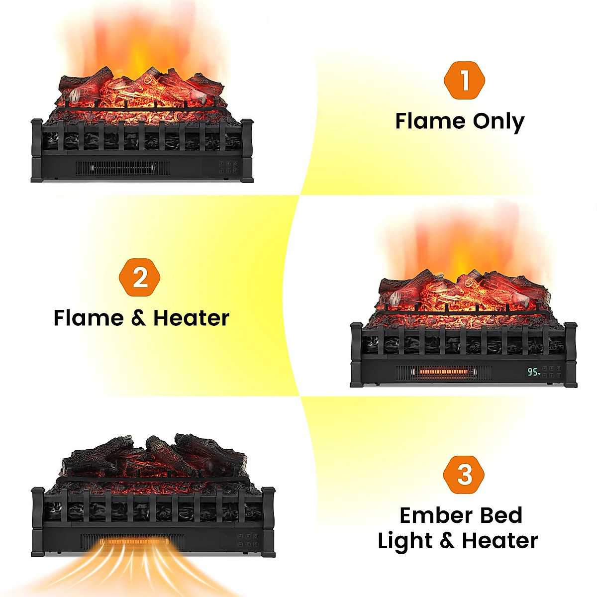 Tangkula 26” Electric Fireplace Log Set Heater with Remote, 5 Flame Modes & Brightness, Thermostat Control, 8H Timer, Realistic Lemonwood Ember Bed, Infrared Quartz Electric Fireplace Insert, 1500W